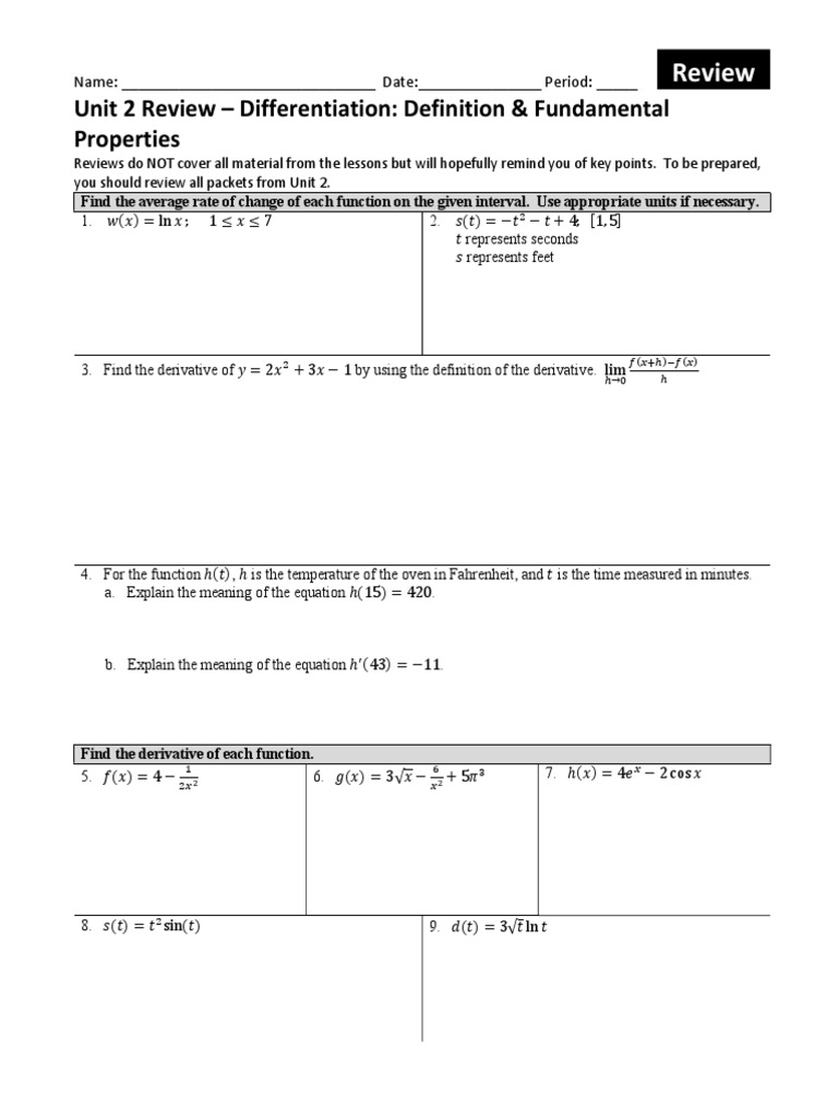 Unit 2 Review - Differentiation: Definition & Fundamental Properties ...