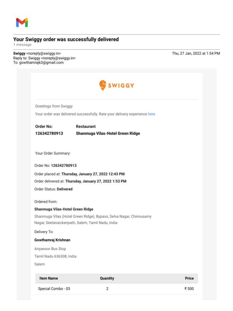 Your Swiggy Order Was Successfully Delivered: 1 Message | PDF ...