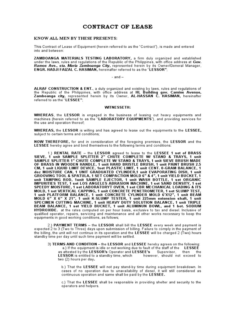 11-Contract of Lease Laboratory Equipment | PDF | Lease