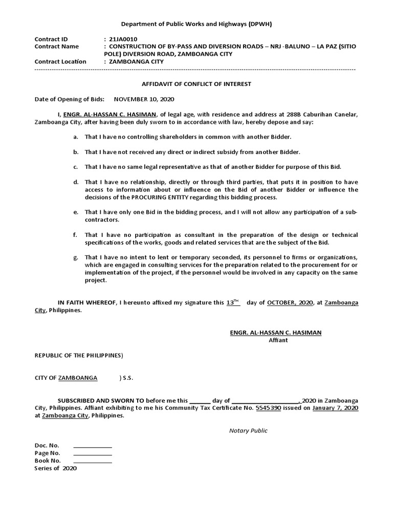 Affidavit of Conflict of Interest | PDF | Affidavit | Economies