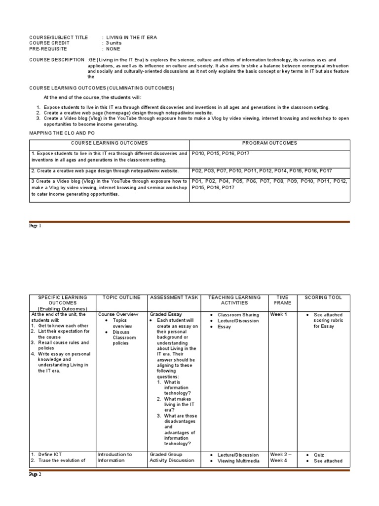 Living in The IT Era Syllabus | PDF | Educational Technology | World ...