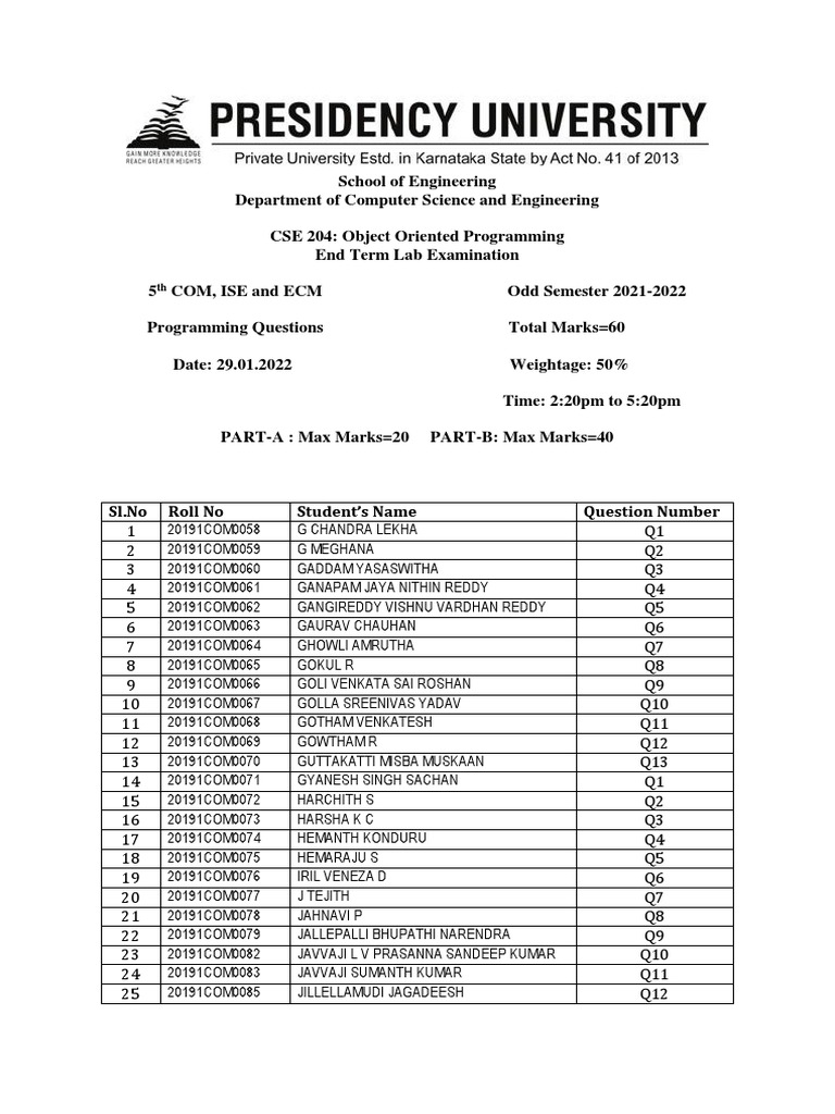 ComputerEnggPBTech506652kObjkPr - END TERM EXAM PART B SUBMISSION - On - CSE 204 - OOP END TERM ...