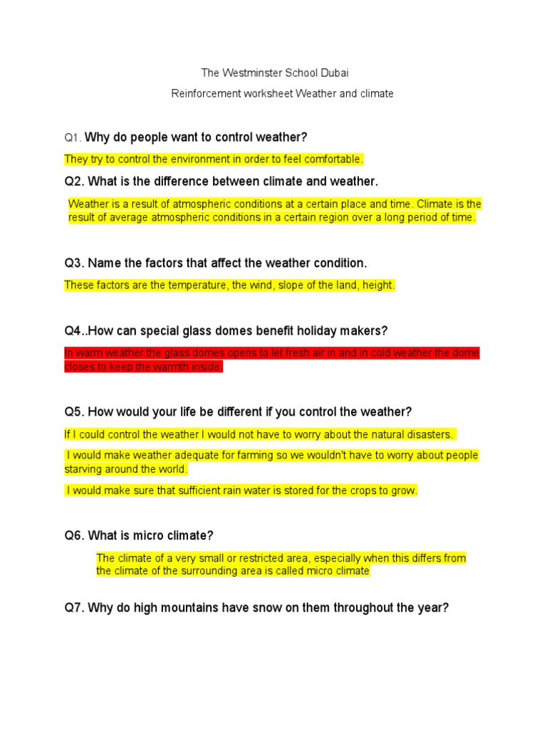 Weather and Climate Worksheet Answers | PDF | Weather | Mountains