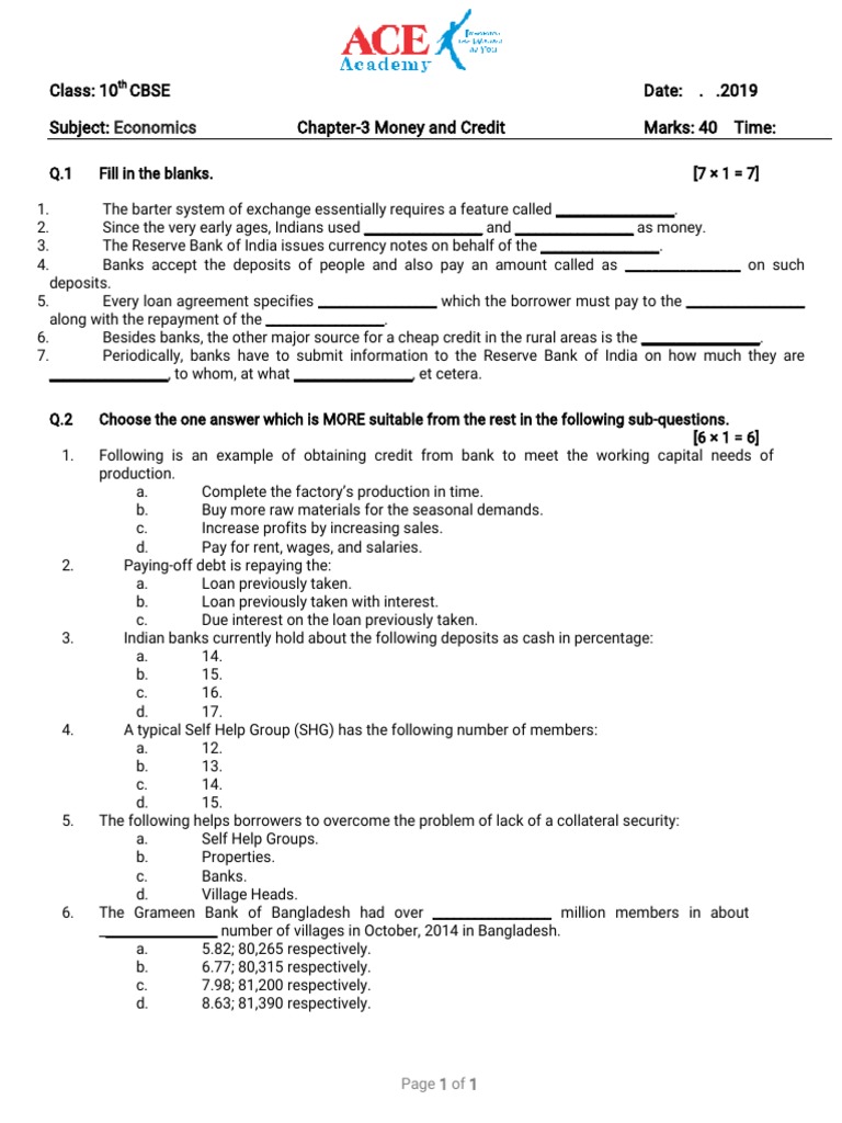 Money and Credit Worksheet | PDF