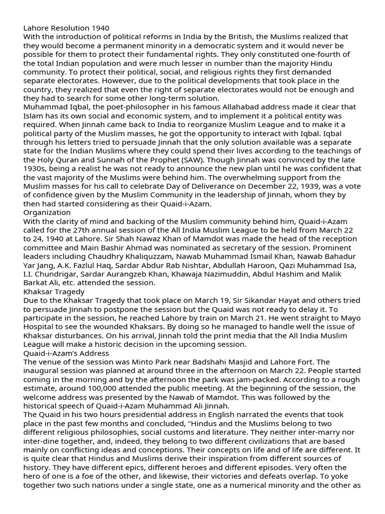 Lahore Resolution: 1940's Historic Demand | PDF | South Asia | Pakistan