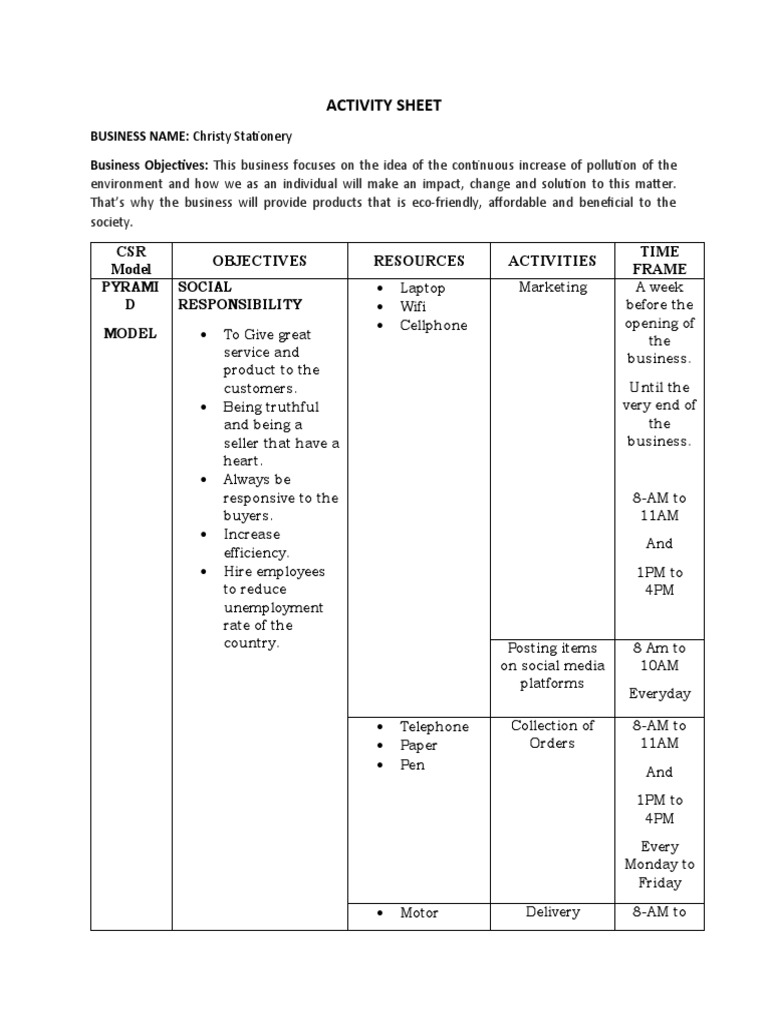Activity Sheet: CSR Model Objectives Resources Activities Time Frame ...