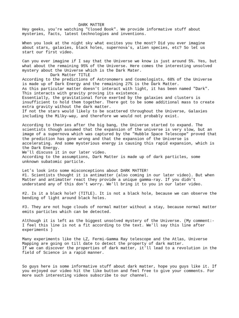 Dark Matter Script | PDF | Dark Matter | Universe