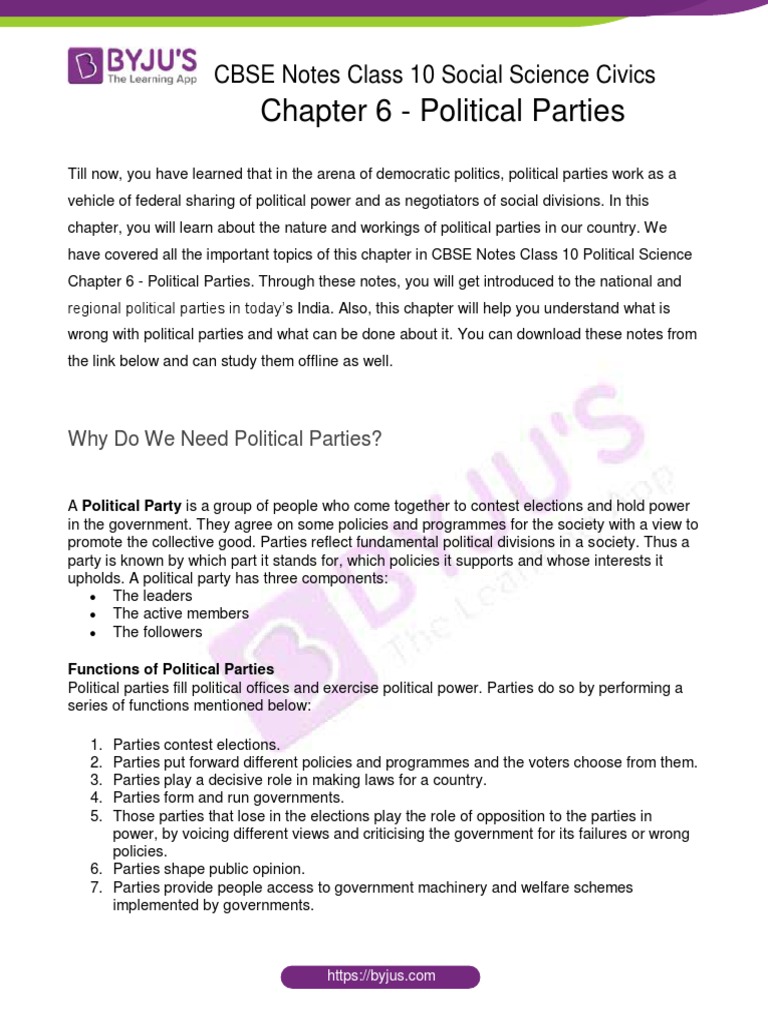 CBSE Notes Class 10 Social Science Civics Chapter 6 Political Parties ...
