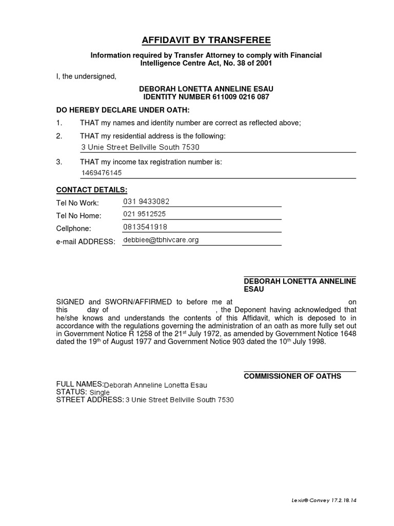 Transferee Fica Affidavit - Deborah Lonetta Anneline Esau | PDF