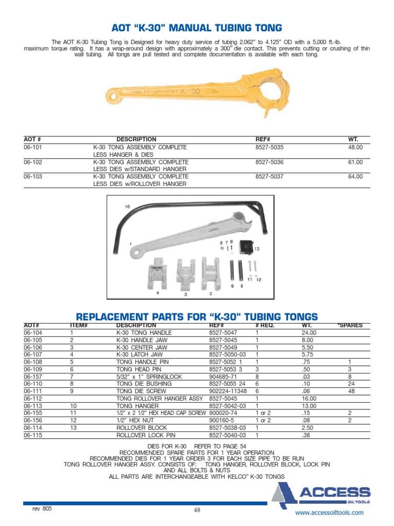 Aot "K-30" Manual Tubing Tong: Aot # Description Ref# WT | PDF | Screw ...