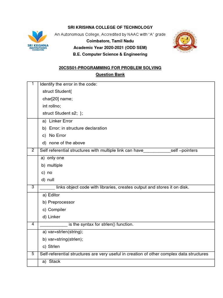 20css01 Pps Question Bank Pdf Parameter Computer Programming Pointer Computer Programming 6728