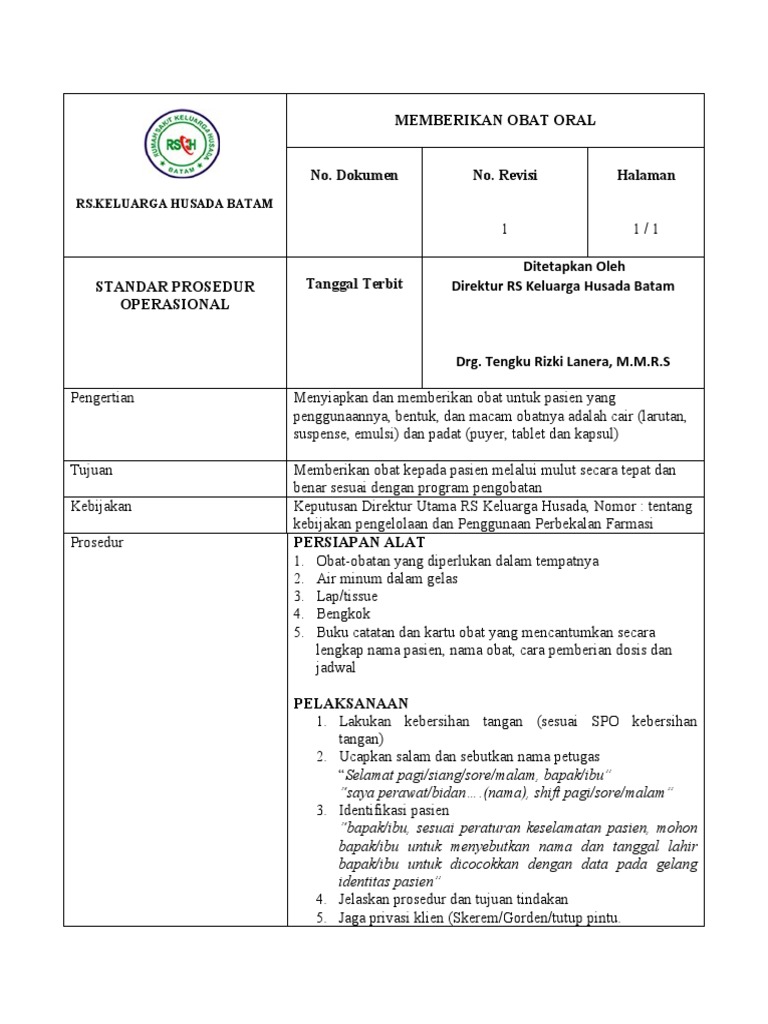 Sop Memberikan Obat Oral Ranap | PDF