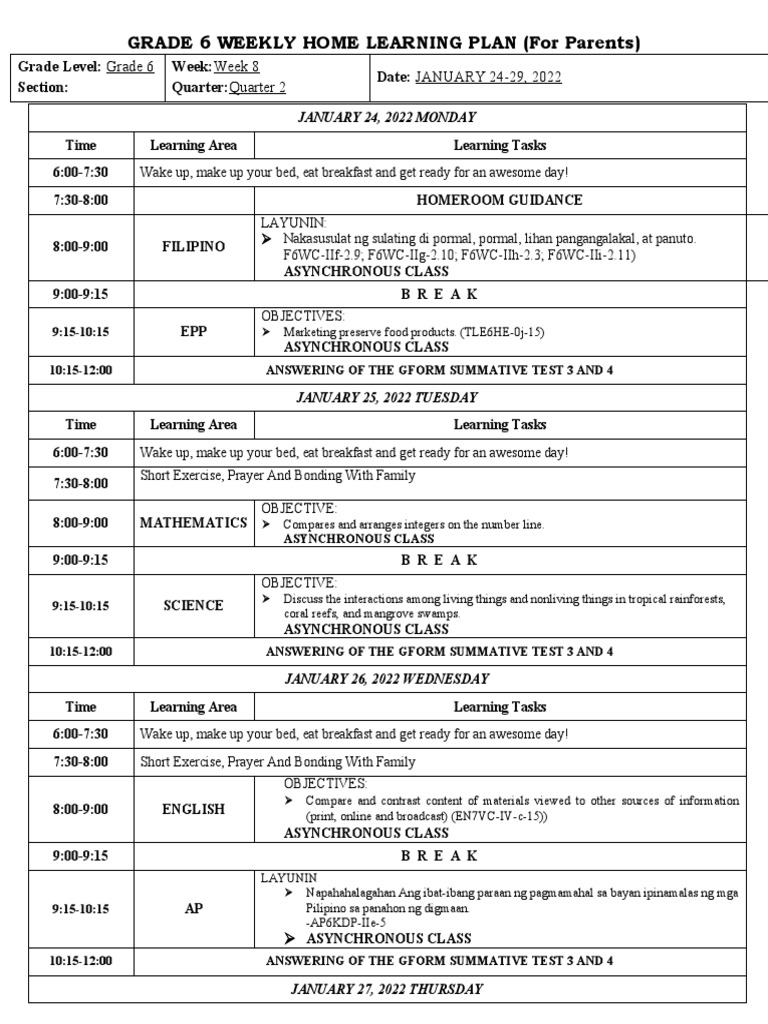 Grade 6 Weekly Home Learning Plan (For Parents) | PDF | Learning ...