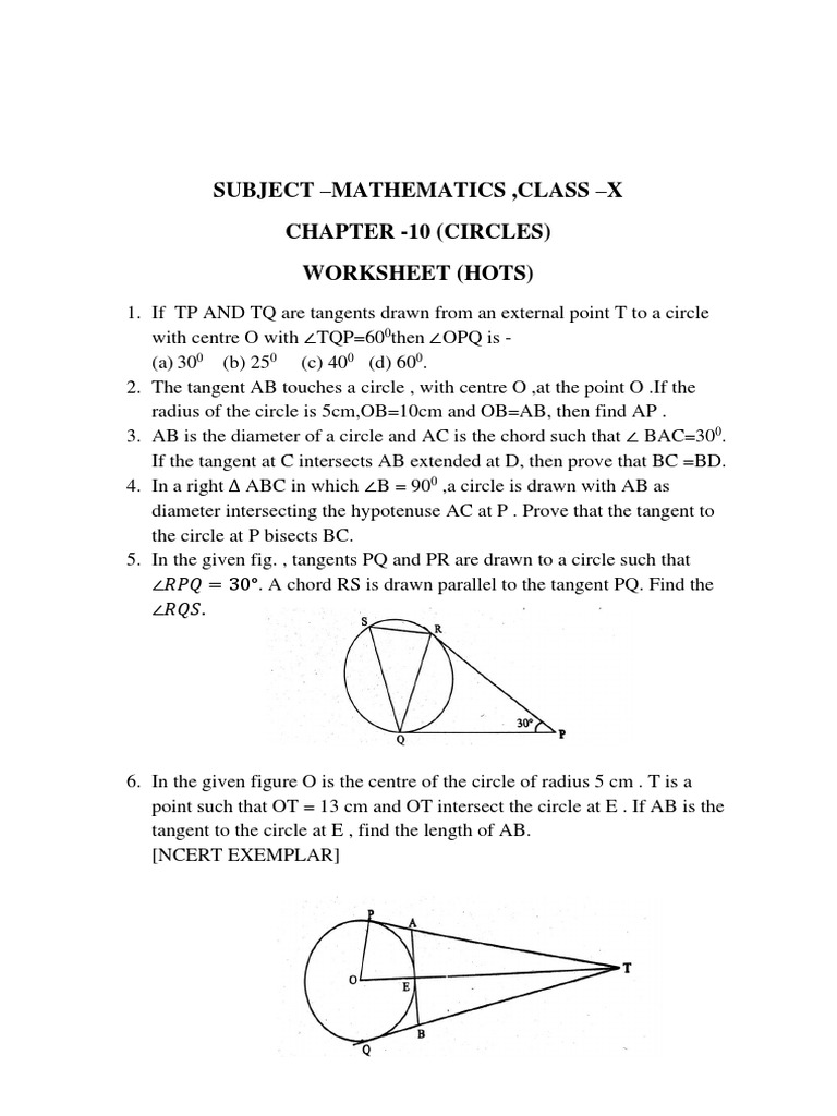 Subject - Mathematics, Class - X Chapter - 10 (Circles) Worksheet (Hots ...