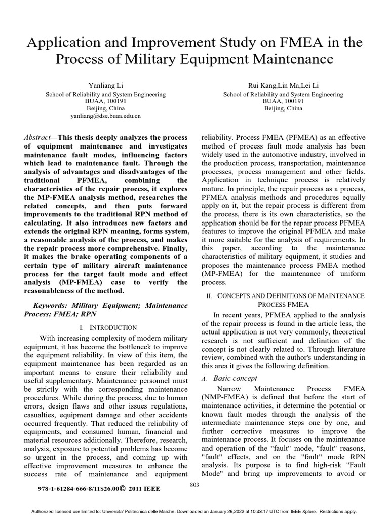 FMEA Military Equipment Manteinance | PDF | Reliability Engineering | Risk