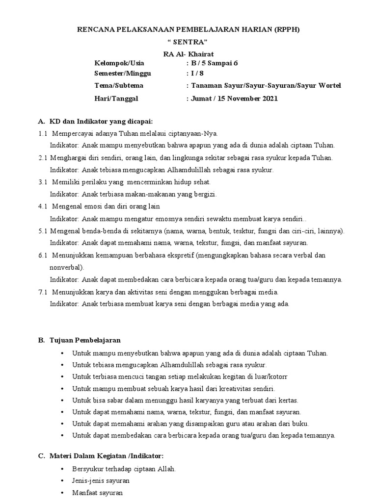 RPPH Tema Sayuran Wortel | PDF | Karier & Perkembangan