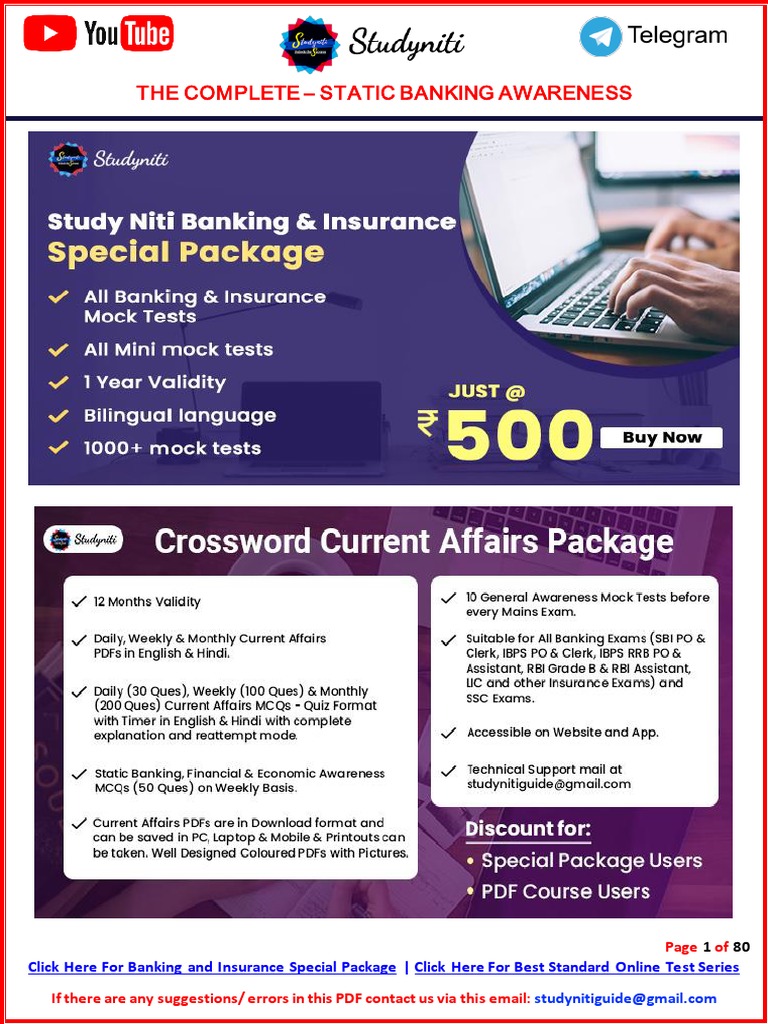 Static Banking by Studyniti | PDF | Reserve Bank Of India | Banks