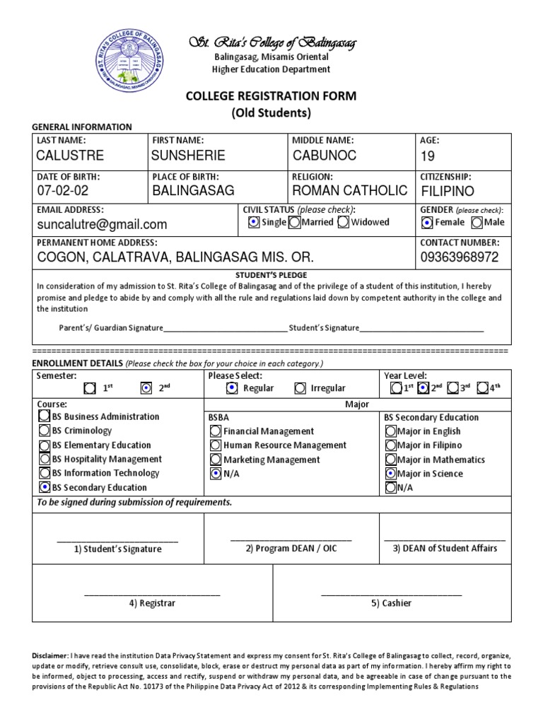 St. Rita's College of Balingasag: College Registration Form (Old ...