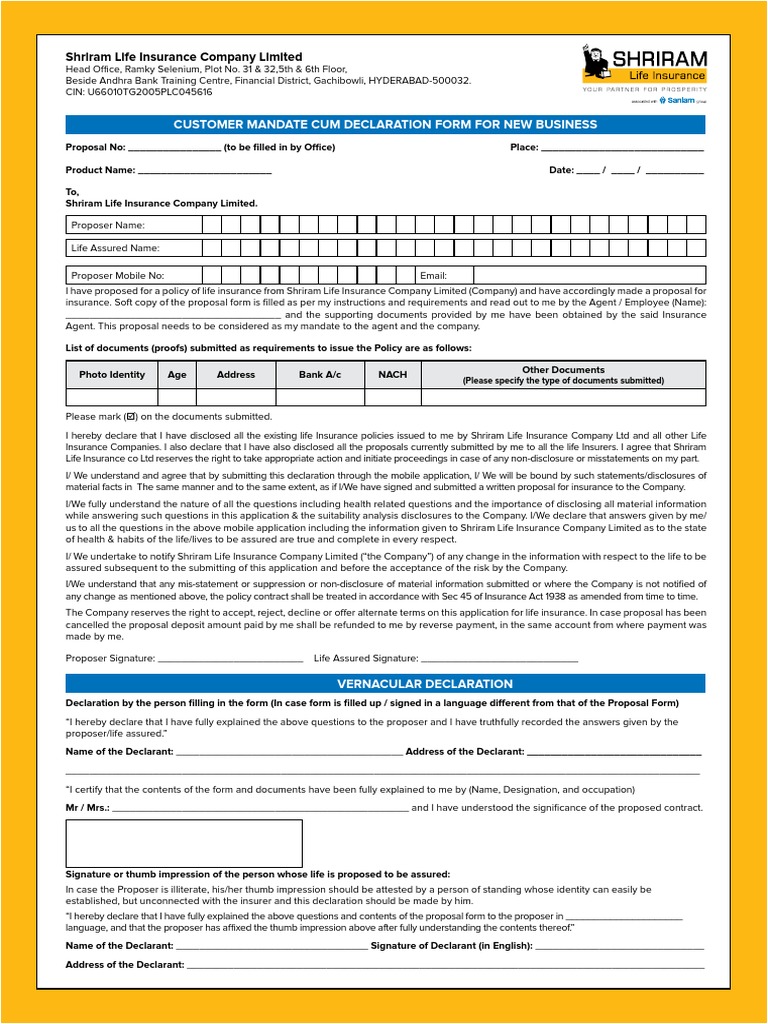 Customer Mandate Cum Declaration Form For New Business: Shriram Life ...