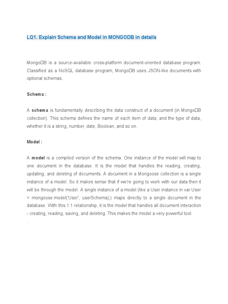 LQ1. Explain Schema and Model in MONGODB in Details | PDF