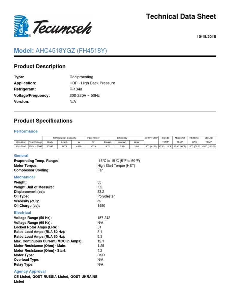 Model: AHC4518YGZ (FH4518Y) : Technical Data Sheet | PDF | Electric ...