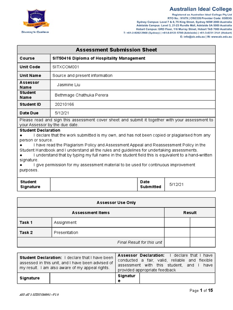 Assessment Submission Sheet: Educating For Excellence | PDF | Point Of ...