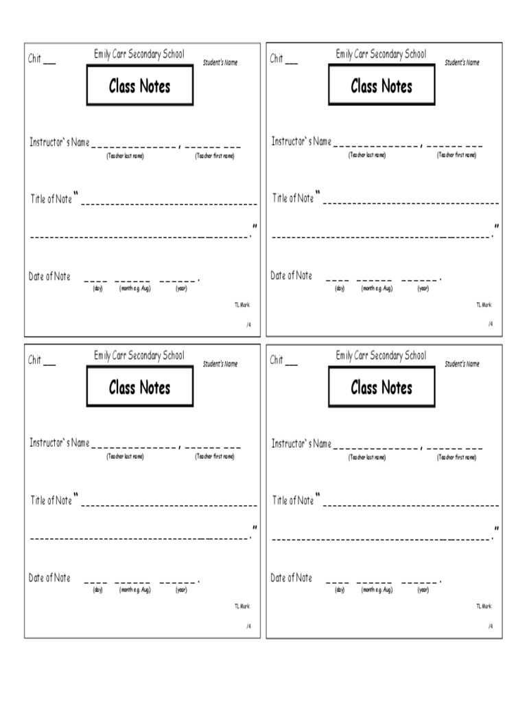 Fillable Class Notes MLA Chit | PDF