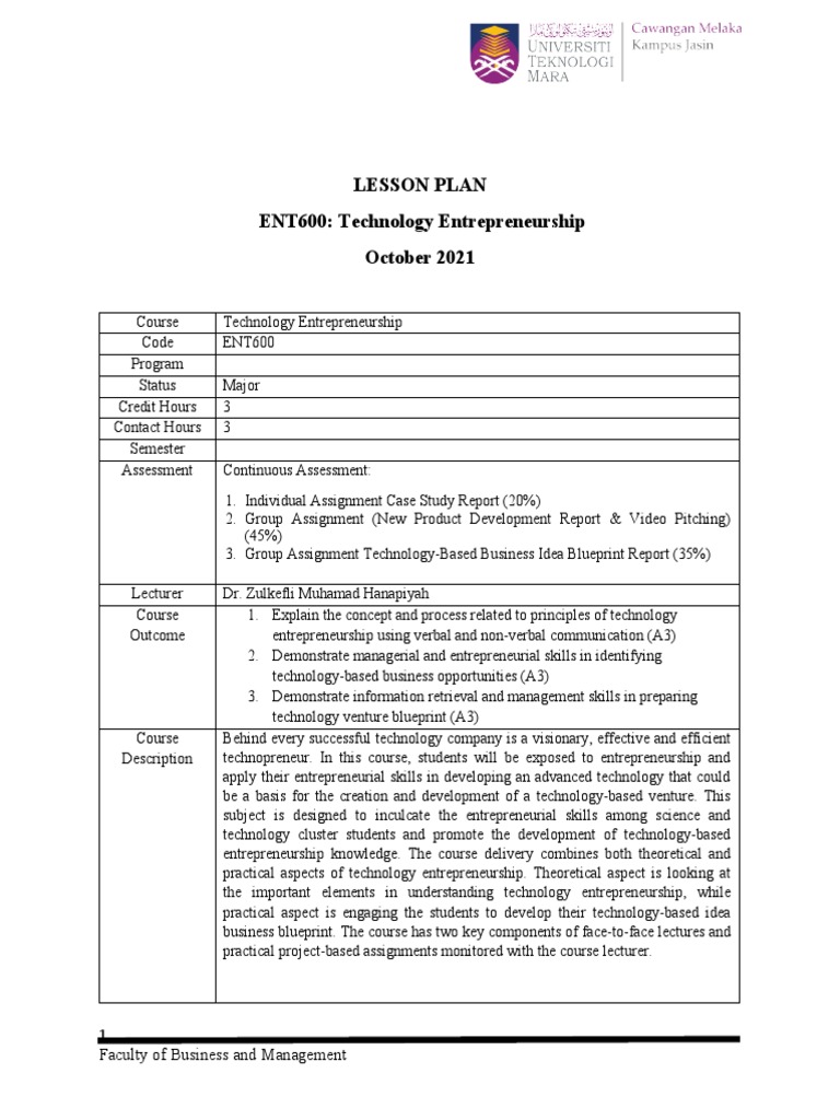 Lesson Plan ENT600: Technology Entrepreneurship October 2021 | PDF ...