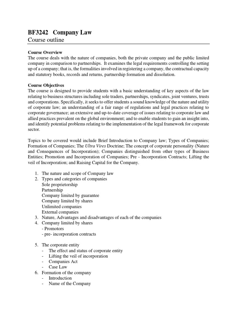 Company Law - Course Outline - February 2022 | PDF | Board Of Directors ...