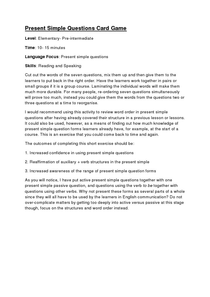 Present Simple Questions Card Game | PDF | English Language | Question