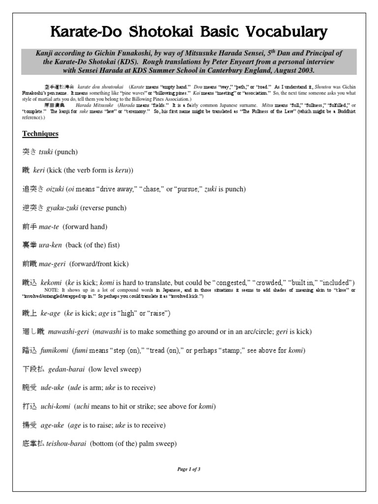 Kds Vocabulary - Japanese Translations of Karate Terms - by Peter ...