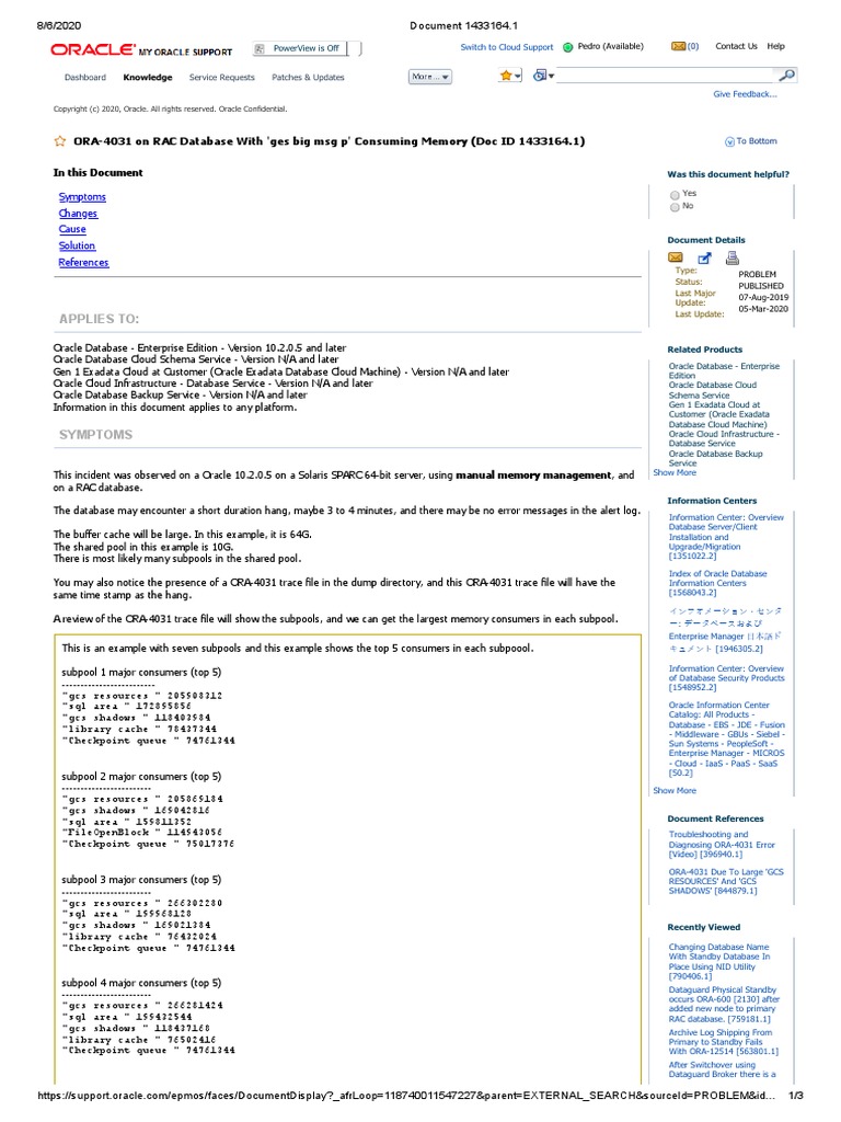 ORA-4031 On RAC Database With 'Ges Big MSG P' Consuming Memory (Doc ID 1433164.1) | PDF | Cloud ...