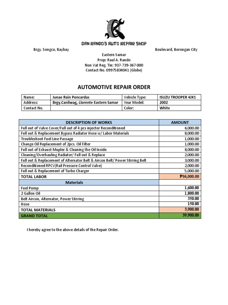 Automotive Repair Order: Description of Works Amount | PDF | Gas ...