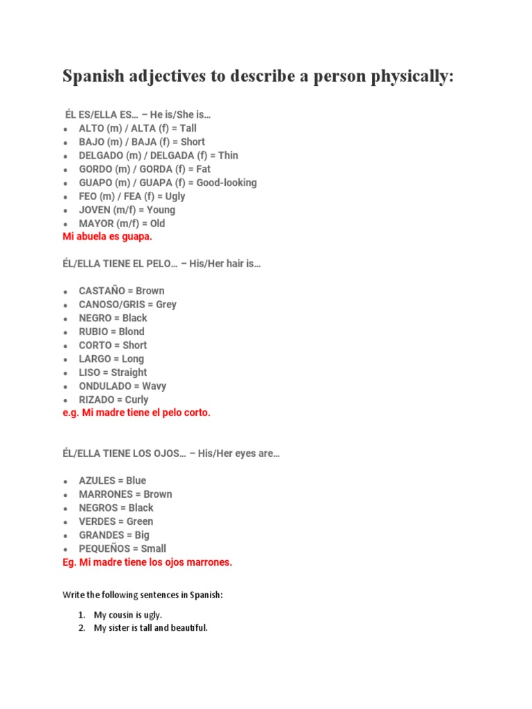 Spanish Adjectives To Describe A Person Physically | PDF