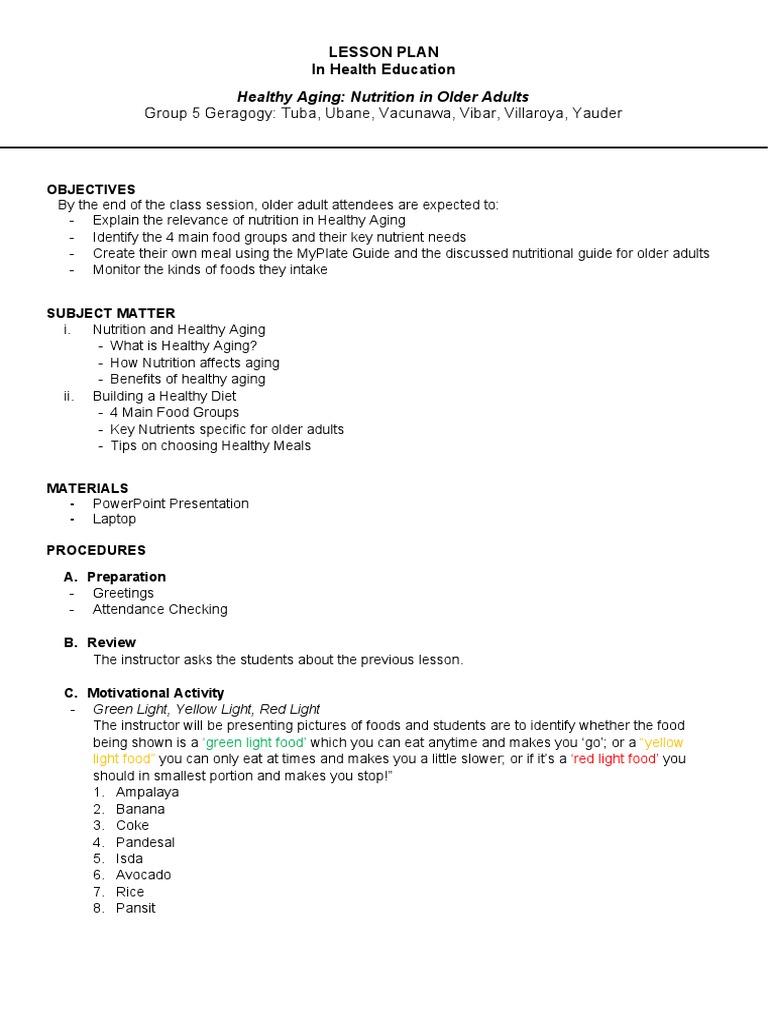 Healthy Aging Nutrition in Older Adults Lesson Plan Geragogy Group ...