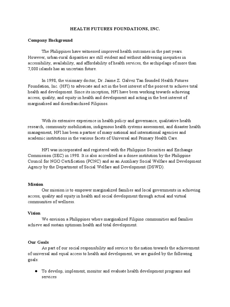 Health Futures Foundations, Inc. Company Background | PDF | Social ...
