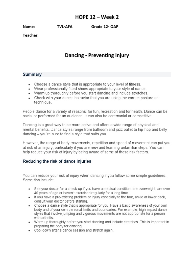 HOPE 12 - Week 2: Name: Tvl-Afa Grade 12-OAP Teacher | PDF | Dances ...