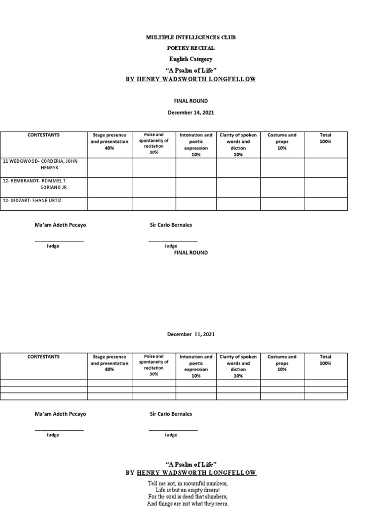 Poetry Recital Final Round Criteria For Judging | PDF | Poetry