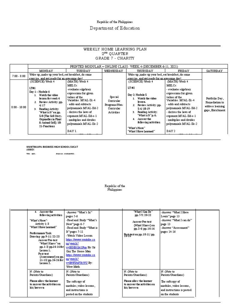 Grade 7 Learning Plan Week 4 | PDF | Polynomial | Learning