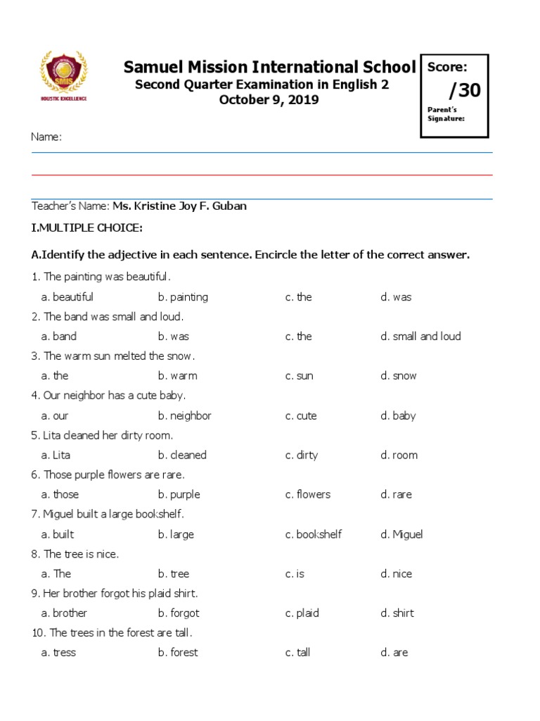 Grade 2 English Exam Paper | PDF
