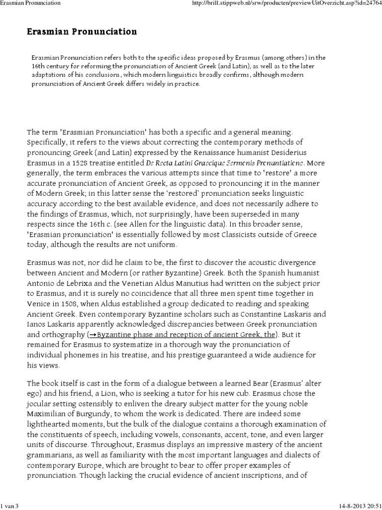 The Erasmian Pronunciation of Ancient GR | PDF | Linguistics | Human ...