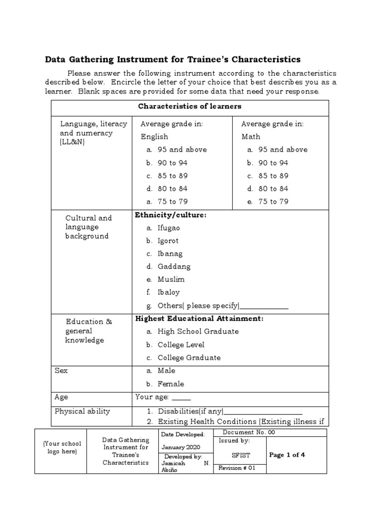 Data Gathering Instrument For Trainee's Characteristics | PDF ...