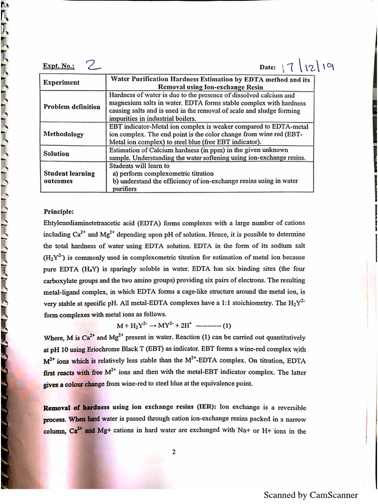 Water Purification Hardness Estimation by EDTA Method and Its Removal Using Ion-Exchange Resin | PDF