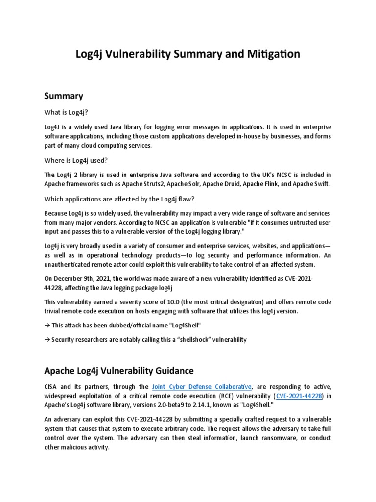 Log4j Vulnerability Mitigation Guide | PDF | Vulnerability (Computing) | Apache Http Server