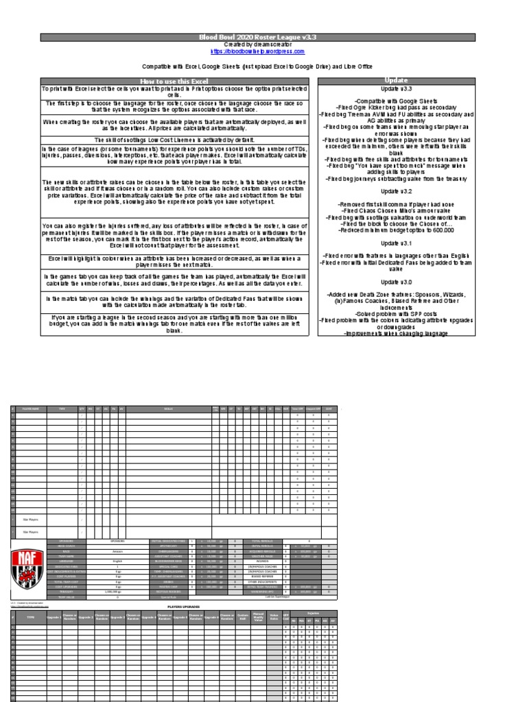 Blood Bowl 2020 Roster League v3.3 | PDF | Microsoft Excel