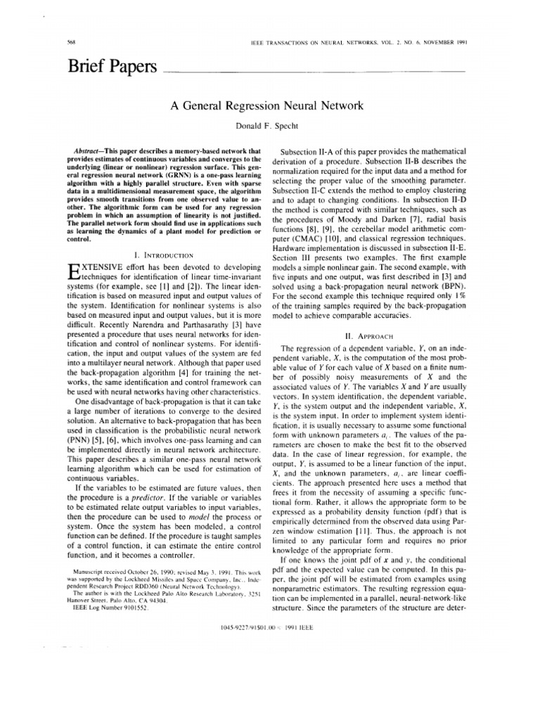 Specht 1991 A General Regression Neural Network | PDF