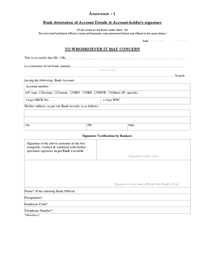 Annexure - 1: Bank Attestation of Account Details & Account-Holder's ...