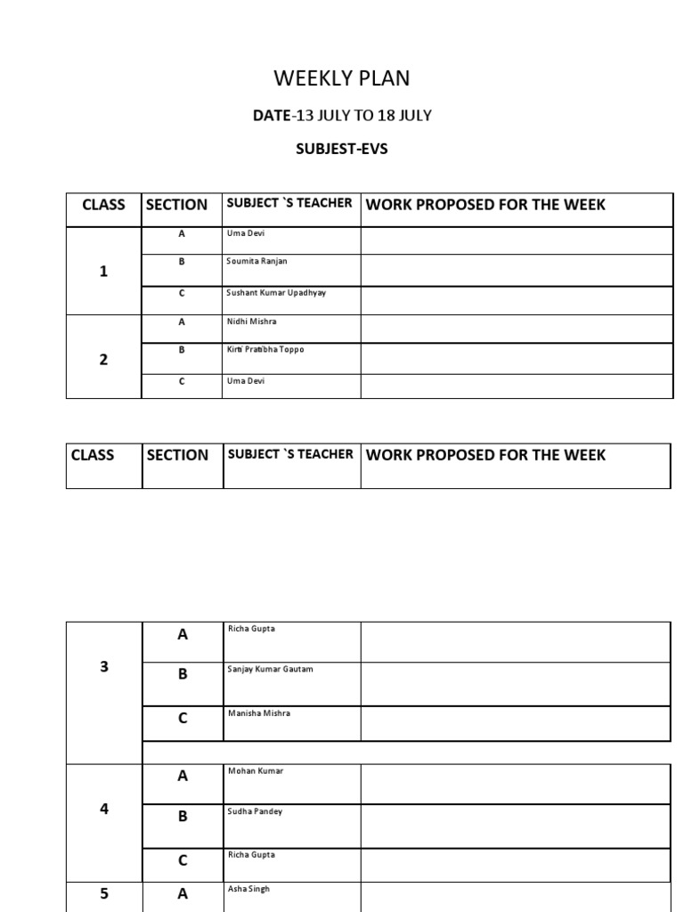 Weekly Plan: Date-13 July To 18 July Subjest-Evs Class Section Work Proposed For The Week 1 | PDF