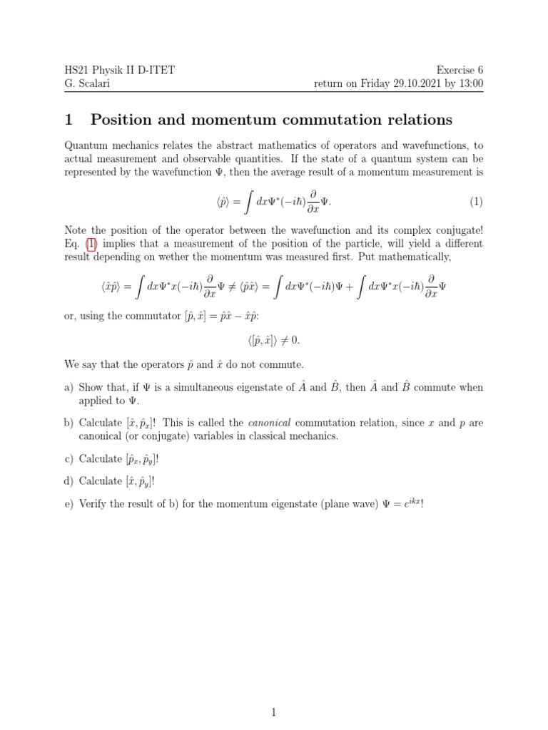 1 Position and Momentum Commutation Relations | PDF | Wave Function ...