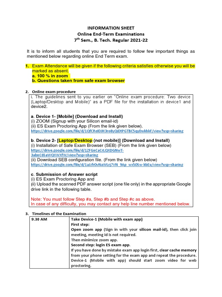 Information Sheet Online End-Term Examinations 7 Sem., B. Tech. Regular ...